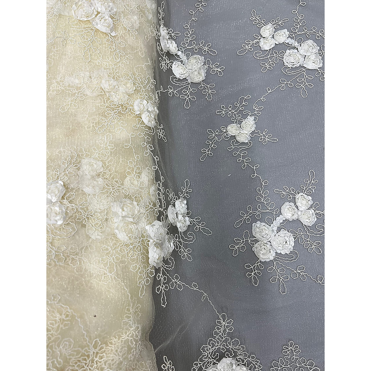 Andrea Ivory 3D Floral Matte Corded Embroidery on Mesh Lace Fabric by The Yard - 10016