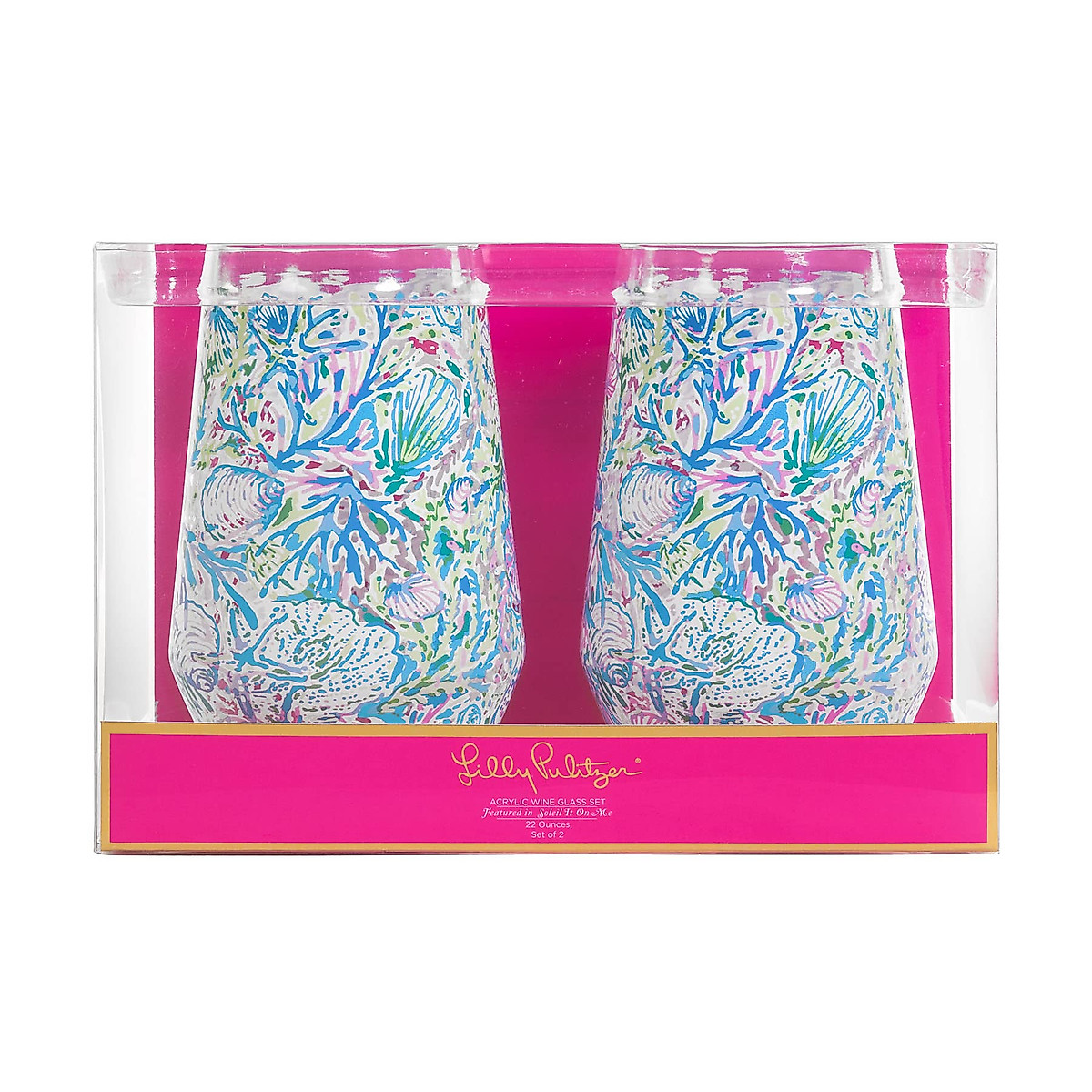 Lilly Pulitzer Stemless Wine Glass Set of 2, Large Acrylic Wine Glasses, 22 Ounce Plastic Cocktail Cups for Indoor/Outdoor, Soleil It On Me