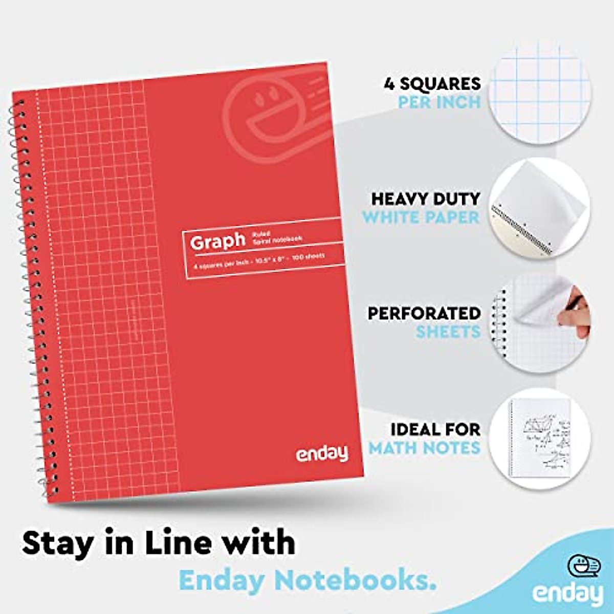 Graph Paper Notebook Quad Ruled Spiral Grid Notebook PACK Of 4 White Paper 100 Sheets Assorted Colors Wire Bound Graphing Books - by Emraw