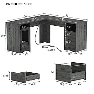 MU L Shaped Desk with File Cabinet, Corner Computer Desk with Storage Drawers, Large Home Office Table with Power Outlets, Executive Office Desk, Grey, 60 Inch
