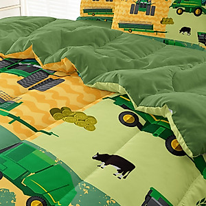 Leaflin Twin Construction Bedding Set for Boys Kids Farm Tractor Bedding 4 Pieces Cars Twin Comforter Set for Boys, Twin Truck Bed in a Bag Set Boys