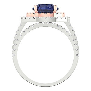 Clara Pucci 3.05ct Round Cut Laser Engraving Halo Pave Halo Blue Sapphire Designer Statement Ring Band Set 18K White Rose Gold Size 8.5