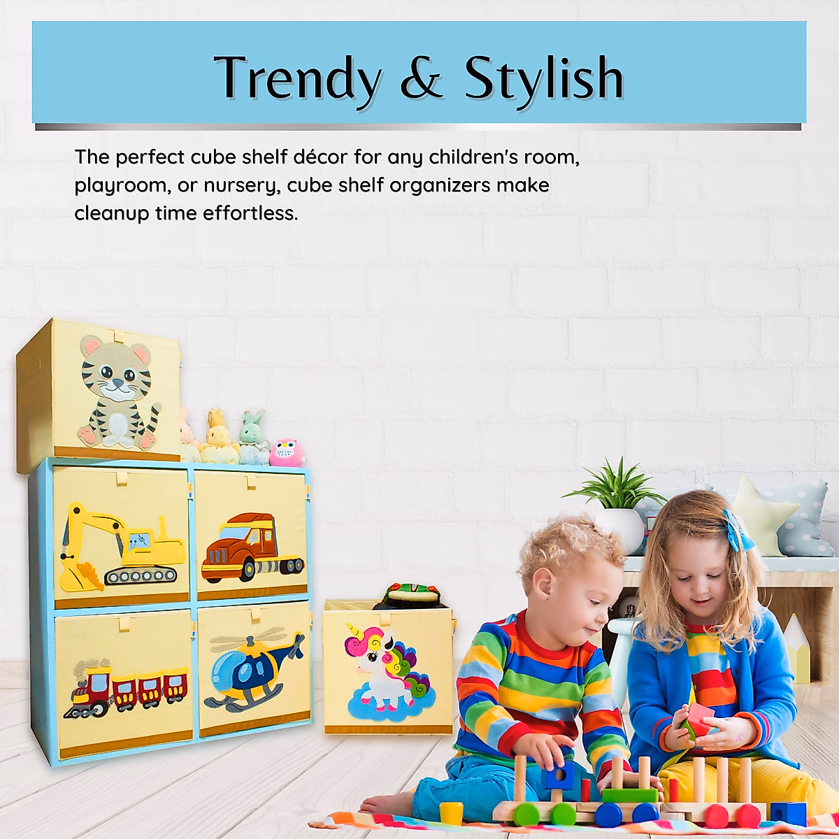 Product 4 Kids - Washable Toy Box Storage Cube, Canvas Toy Chest Organizer Foldable Kids Toy Storage Organizers for Child's Bedroom or Playroom -13x13x13 Inch (Excavator+ Helicopter)