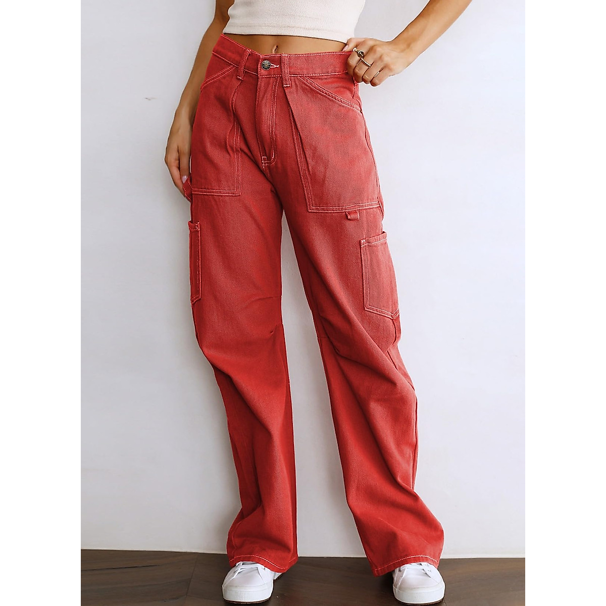 Dokotoo Red Pants Women Straight Leg Jeans for Women Trendy Baggy Y2K Holiday Party Beach Outfits for Women 2024 Womens Fashion Womens Clothes Clothing Pants