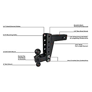 BulletProof Hitches™ 2.5" Adjustable Medium Duty (14,000lb Rating) 6" Drop/Rise Trailer Hitch with 2" and 2 5/16" Dual Ball (Black Textured Powder Coat)