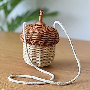 Handwoven Rattan Bag Acorn Shaped: Wicker Crossbody Handbag Beach Straw Hand Woven Shoulder Bag Small Basket with Handle for Kids Women Summer Travel