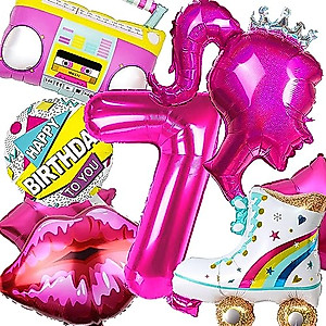 8Pcs Hot Pink Princess Foil Number Balloon Silver Balloons Girl Head Balloons Photo Prop For Barbie Theme Party Decorations Box Photo Booth Backdrop Pink Little Girl Makeup Birthday Supply (Number 7)