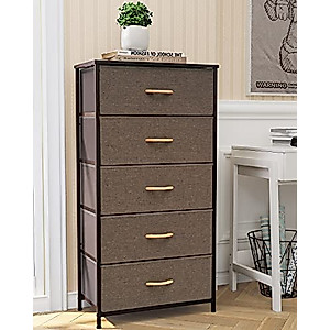 JOINHOM Dresser Storage Tower with 5 Drawers, Fabric Tall Dresser Drawer for Bedroom, Office, Entryway, Living Room and Closet - Sturdy Steel Frame, Easy Pull Bins & Wooden Top