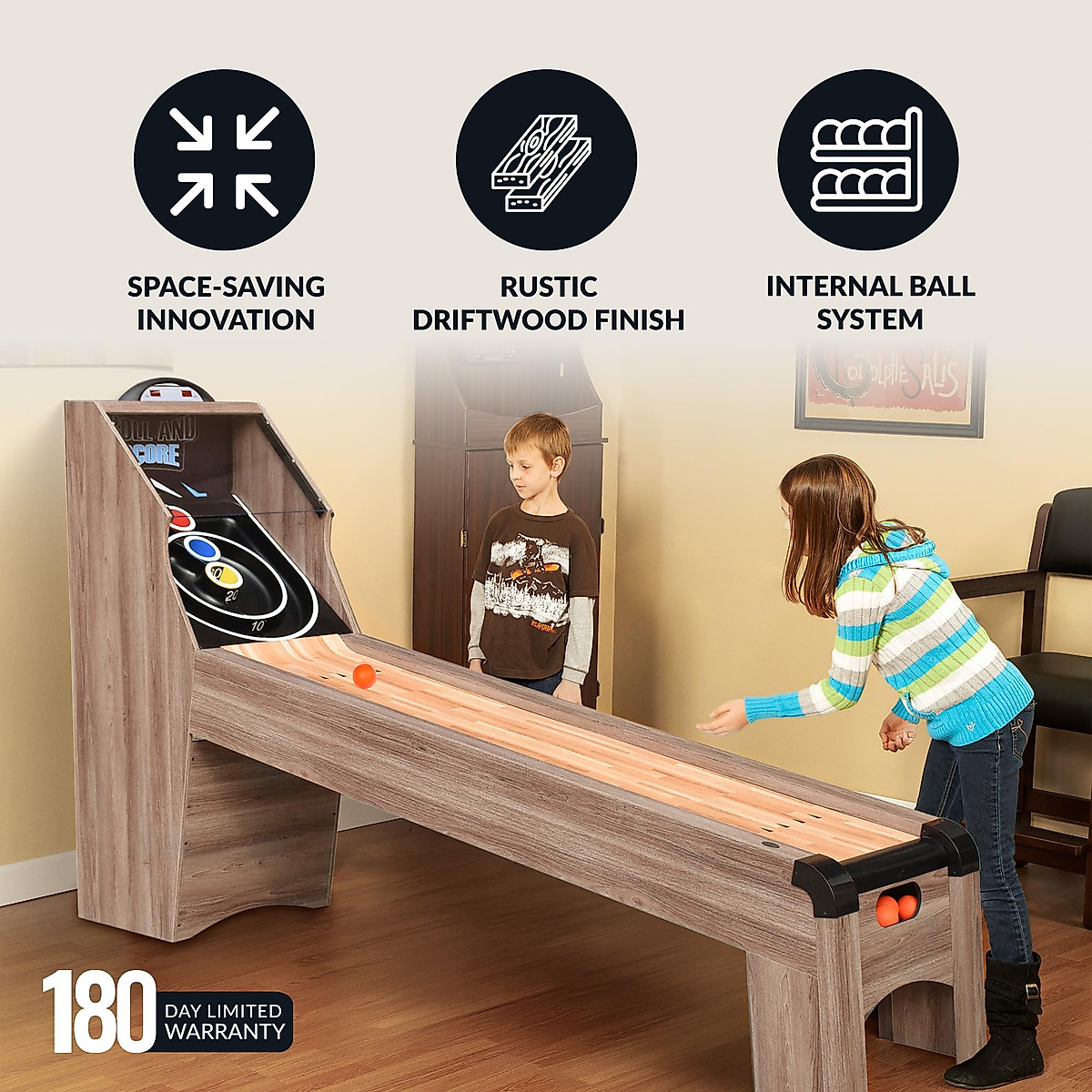 Hathaway Shooting Star 9-ft Arcade Ball Roll and Score Machine Table with LED Electronic Scorer and Sound, Great for Family Recreation Game Rooms, Driftwood