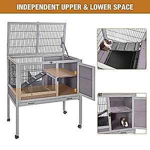 Rabbit Hutch Indoor, Bunny Cage Pet House for Small Animals Guinea Pig Cage on Wheels - Removable Wire Mesh