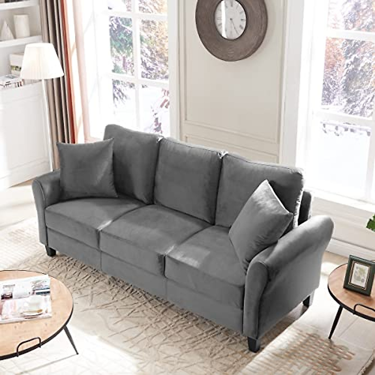 PEIHONGET 78.35" Mid-Century Modern Living Room Sofa 3 Seater Velvet Sofa Couch with 2 Pillows Armrest and Wood Legs for Bedroom, Apartment, Dorm, Office (Gray)