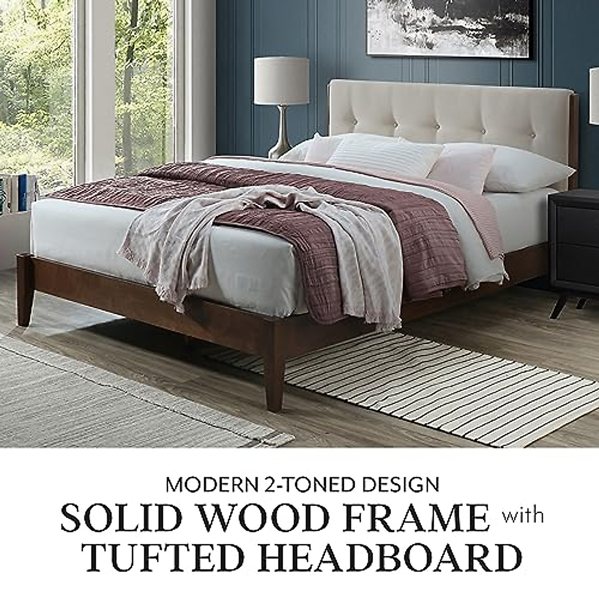 DG Casa Dickens Mid Century Modern Upholstered Platform Bed Frame with Button Tufted Headboard and Full Wooden Slats, Box Spring Not Required - Queen Size in Beige Fabric