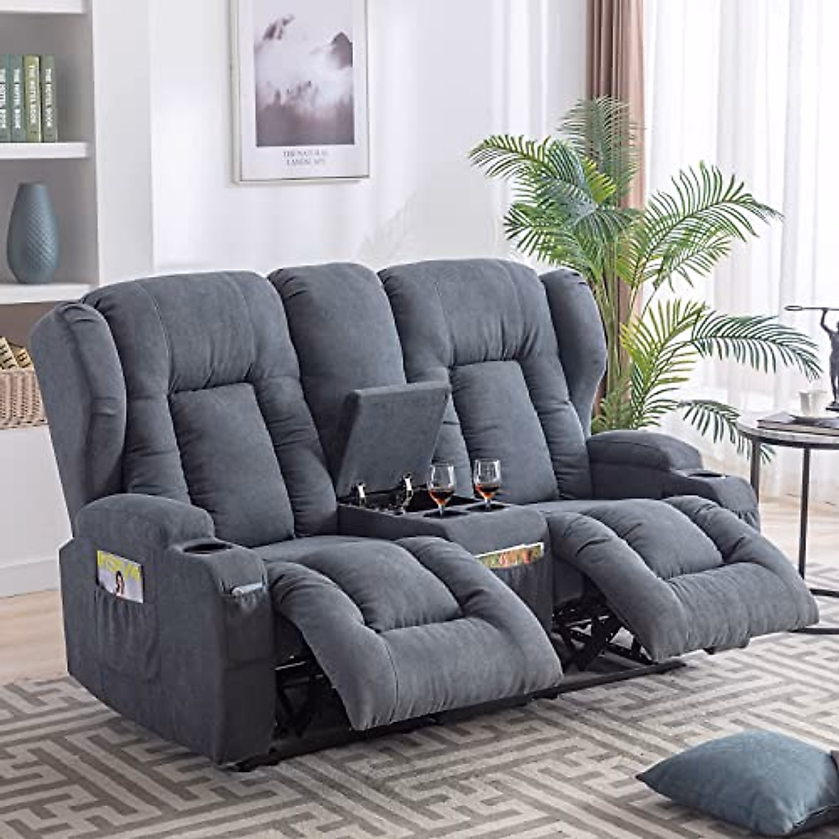 SAMERY Loveseat Recliner Reclining Loveseat with Console, RV Reclining Loveseat Wall Hugger Recliners RV Theater Recliner Love Seat with Cup Holders/Pockets for Living Room RV, Manual