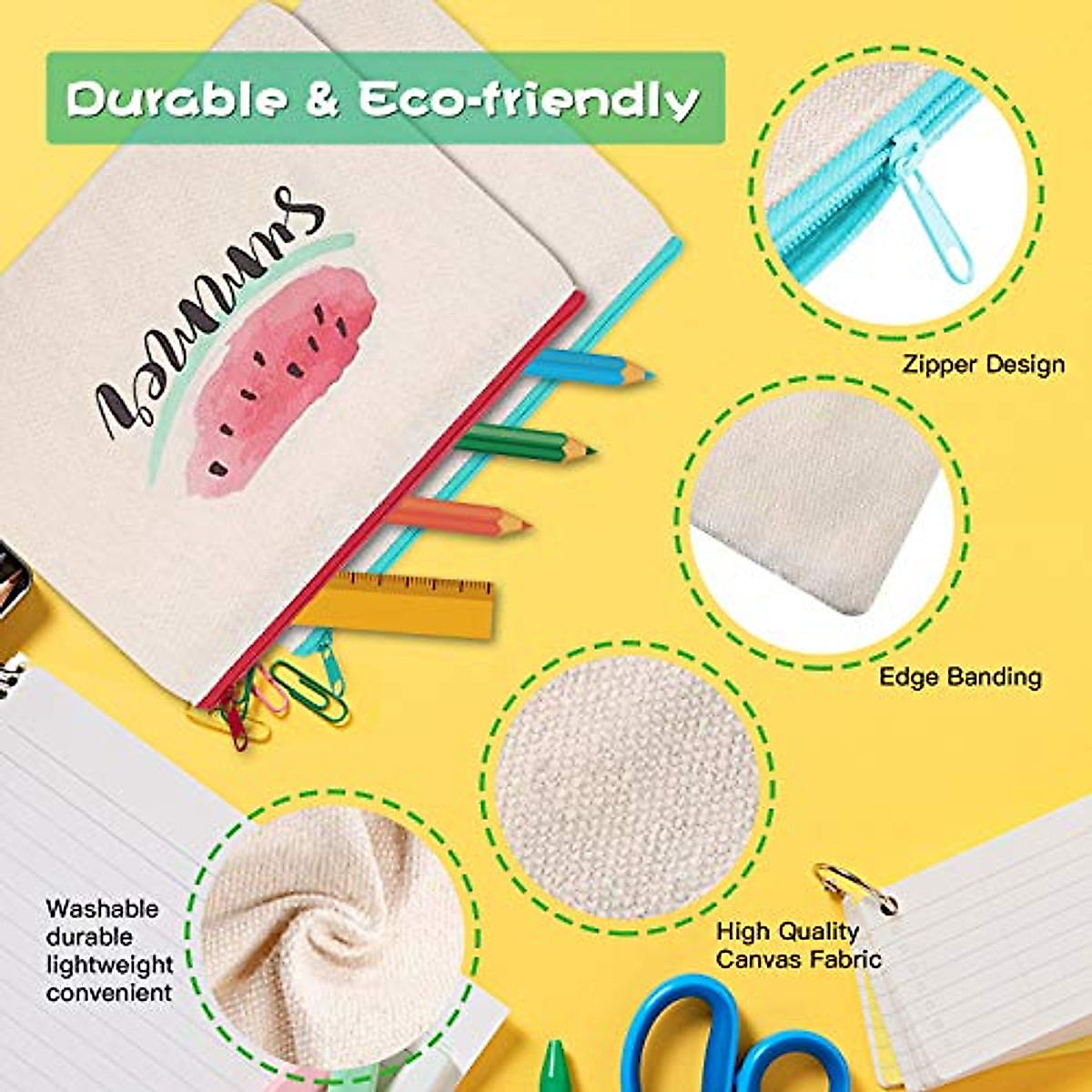 Small Canvas Bags with Zipper, Zipper Pouch 12 Pack, DIY Craft Bag Canvas Makeup Bags Cosmetic Bag Multipurpose Travel Toiletry Pouch Blank Stationery Pencil Pouch with Colorful Zipper, Beige