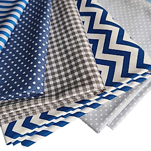 Gnognauq 7pcs Cotton Quilting Fabric, Blue Grey Fat Quarter Fabric Bundles Printed Patchwork Squares Polka Dot Wave Striped Gingham Fabric for Sewing DIY Crafts, 18 x 22 inches