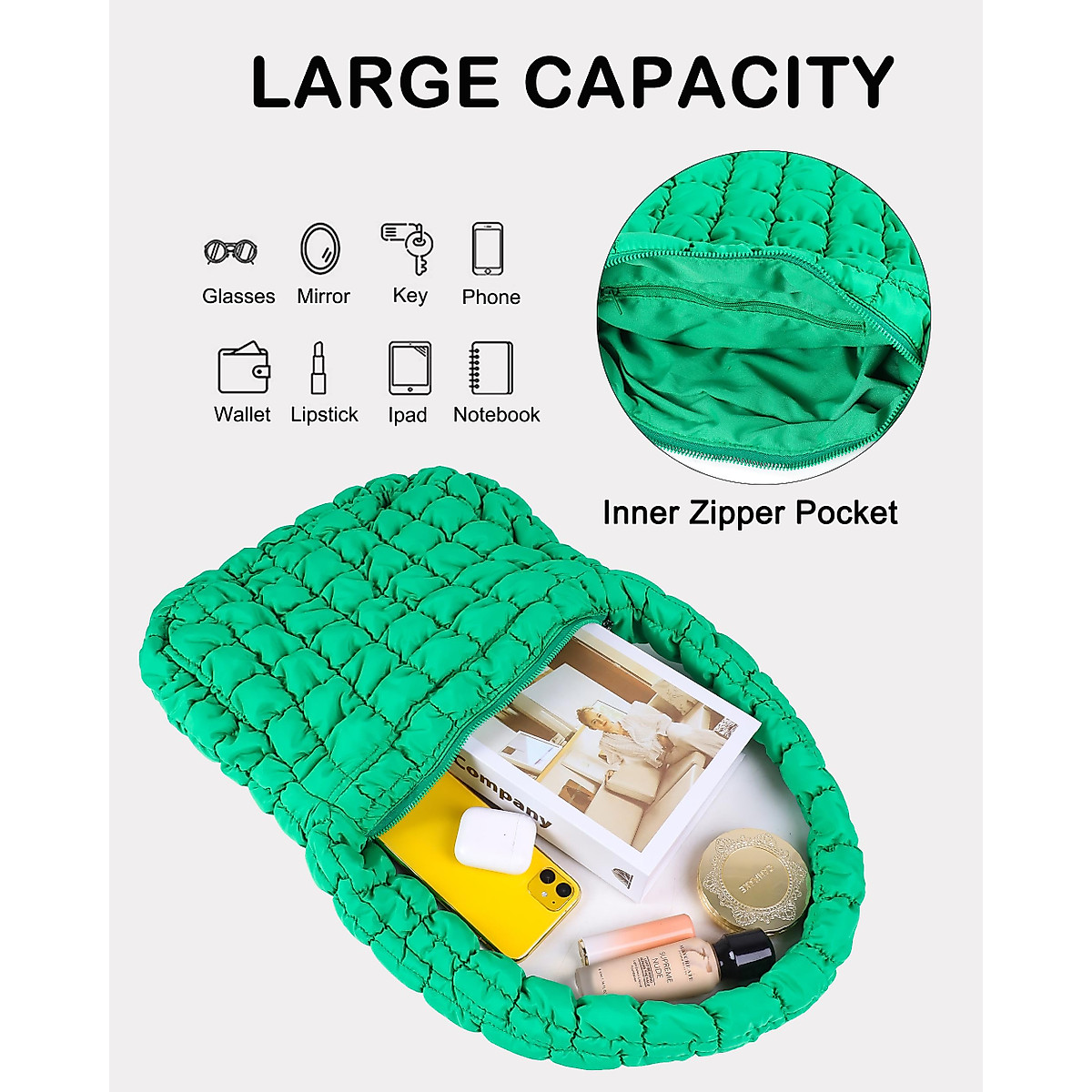 Rejolly Puffer Quilted Shoulder Bag for Women Puffy Bubble Tote Bag Lightweight Nylon Handbag Padded Soft Purse Green