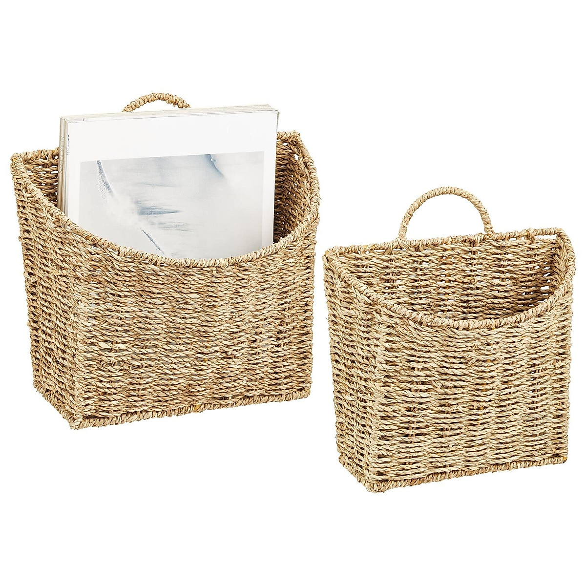 mDesign Woven Seagrass Hanging Wall Storage Basket for Flowers & Essentials, Decorative Boho Mounted Organizer for Pantry, Closet, Bathroom, and The Door - Set of 2 - Natural