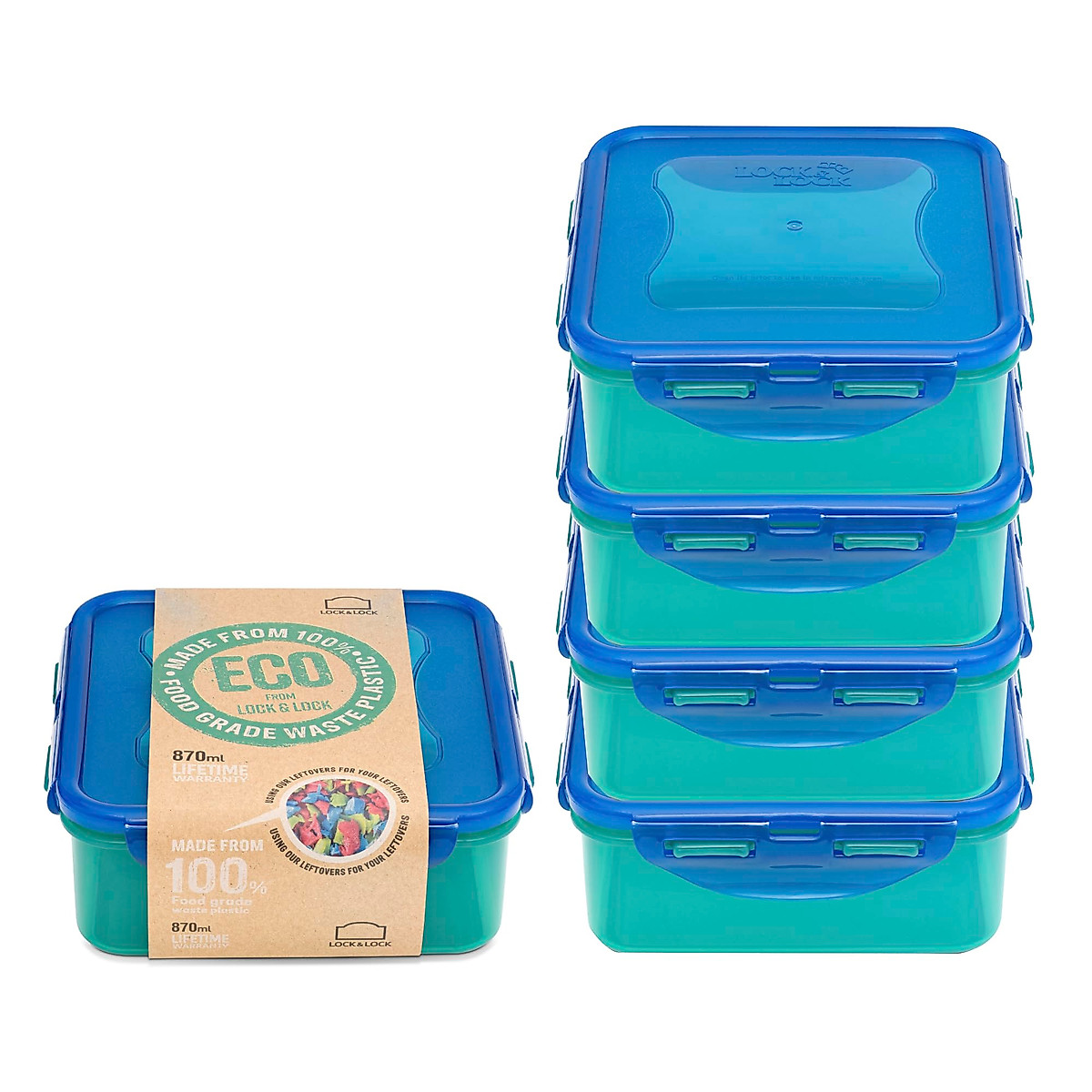 LocknLock Eco Square Food Containers with Lids Set of 5 - Plastic Airtight & Watertight Food Storage Containers, BPA Free & Dishwasher Safe, 5 x 870ml