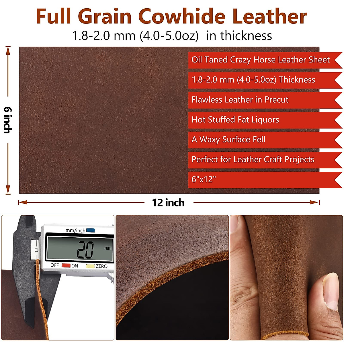Tooling Leather Square 1.8-2.0MM Thick Genuine Top Full Grain Oil Tan Crazy Horse Cowhide Leather Sheets for Crafts Tooling Sewing Wallet Earring Hobby (Brown, 6"x12")