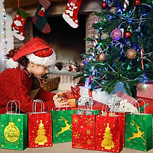 BLEWINDZ 16Pcs Christmas Gift Bags with Tissue Papers for Gifts, 8.6" Small Christmas Goodie Bags Sparkle Treat Bags for Kids Xmas Holiday (Red Green)