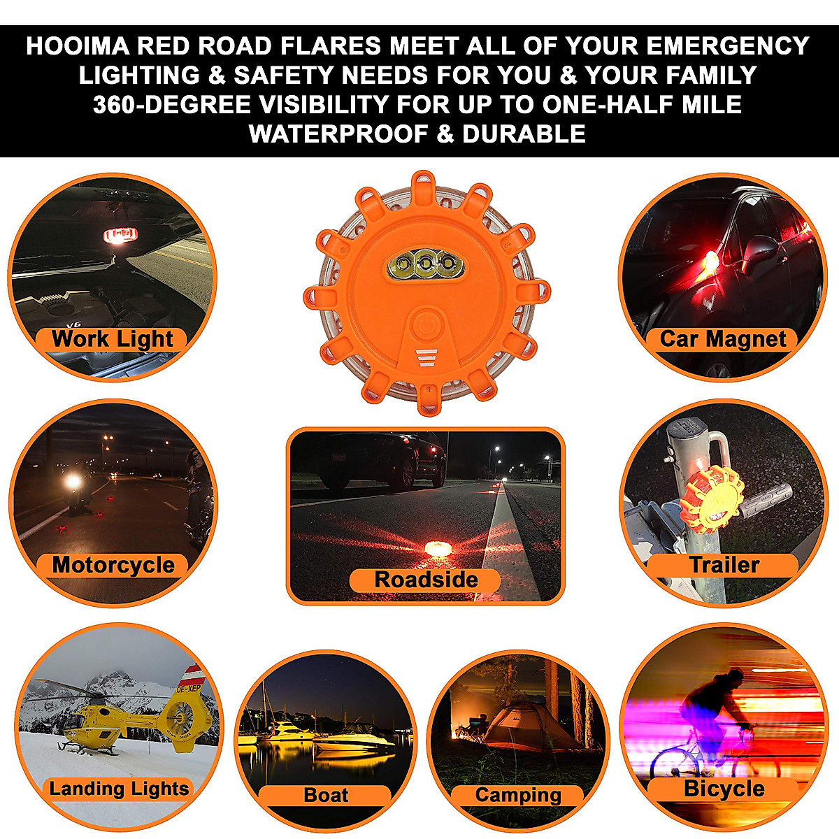 Magnetic Emergency LED Road Flares Warning Kit | Car Roadside Safety Lights | Up to 1.5 Mile Flashing View | 4 Red Light Beacon Disk & 1 Working Flashlight | For Vehicle, Boat, Truck, Flood & More