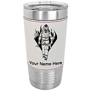 LaserGram 20oz Vacuum Insulated Tumbler Mug, Fireman, Personalized Engraving Included (Faux Leather, Baseball Style)