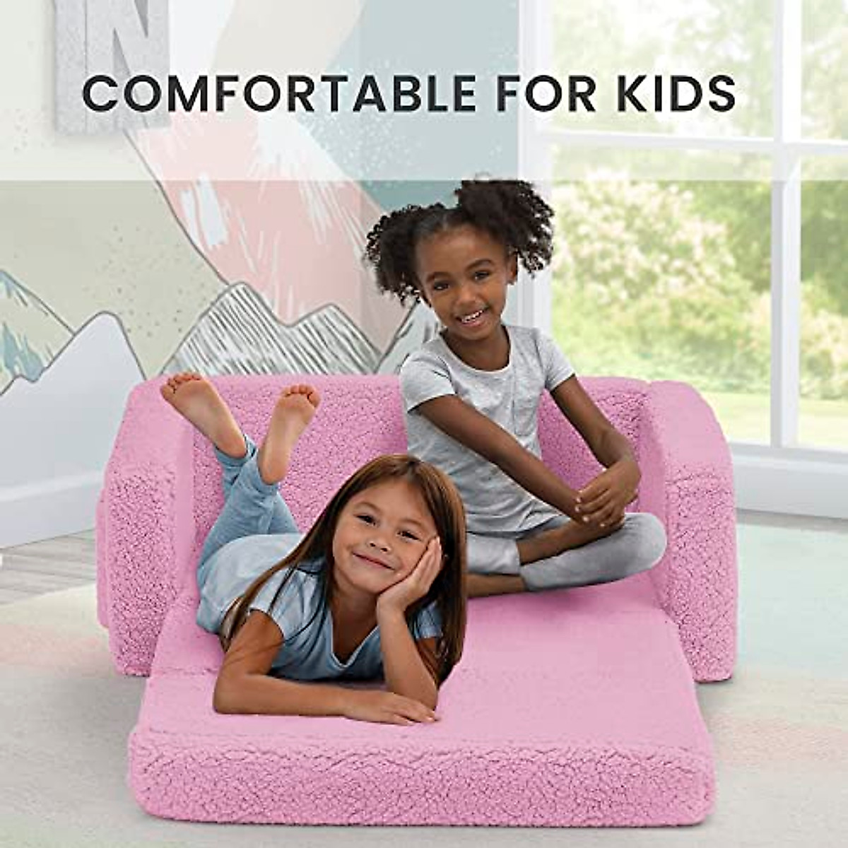 Delta Children Cozee Flip-Out Sherpa 2-in-1 Convertible Sofa to Lounger for Kids – Customize with Name, Pink