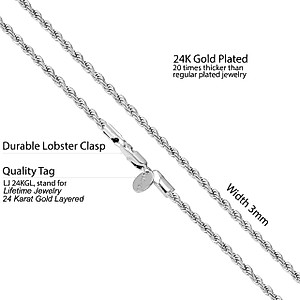 LIFETIME JEWELRY 3mm Gold Rope Chain for Men & Women 24k Real Gold Plated Diamond Cut Gold Chain Necklace Women & Necklace for Men 14 to 36 Inch (18 inches, White Gold)