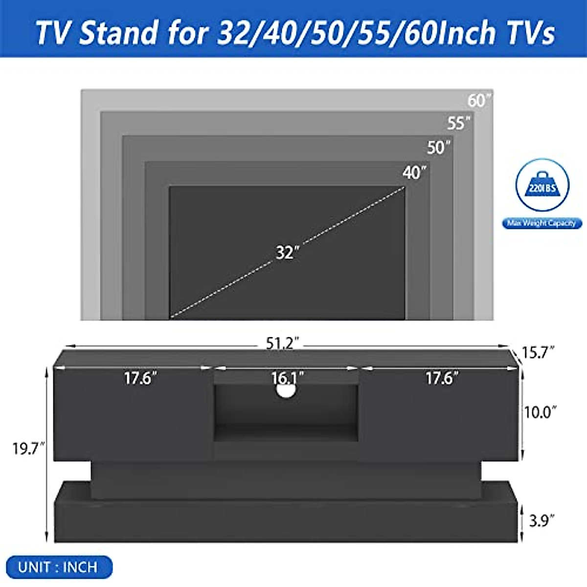 ARMCONE LED TV Stand, Media Entertainment Center, TV Stand for 55 60 Inch TV, Modern Industrial Floor Standing TV Cabinet with Storage, Black Entertainment Center, TV Console Home Furniture