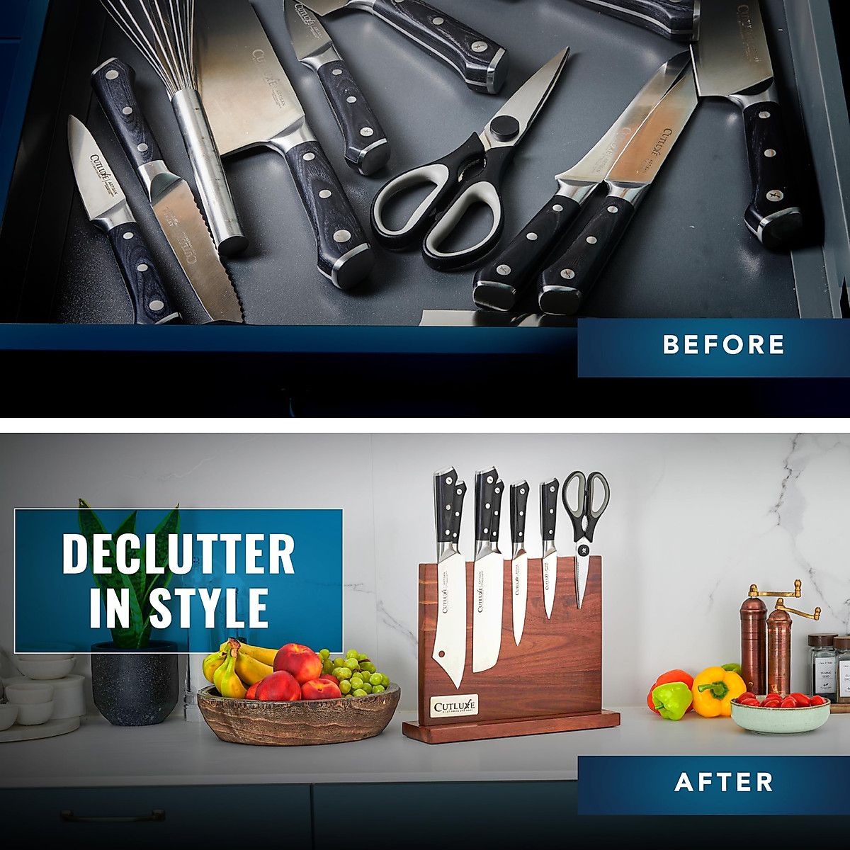 Cutluxe Magnetic Knife Holder – Magnetic Knife Block, Acacia Wood Knife Stand for Kitchen Counter, Slim & Double Sided, Powerful Magnet Strips, Organized Storage Rack & Modern Display Board