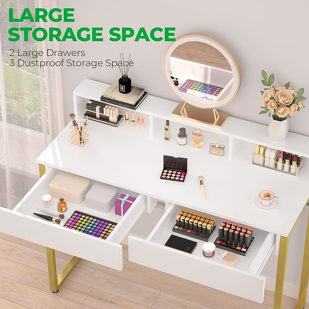 GreenForest Vanity Desk with 2 Drawers, White Makeup Desk with 3 Storage Spaces, 40 inch Small Desk with Gold Metal Legs, Modern Home Office Desk for Kids, Bedroom (No Mirror)