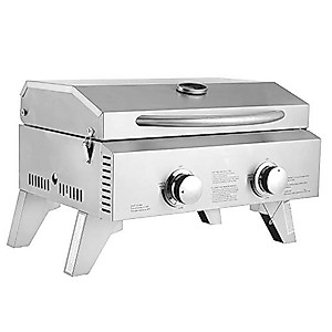 Tabletop Gas Grill 2-Burner Stainless Steel 2-Burner Gas Grill 2 Independently Adjustable Burners Portable Tabletop 20,000 BTU BBQ Grid with Buckles & Foldable Legs for Outdoor Camping Picnic, Silver