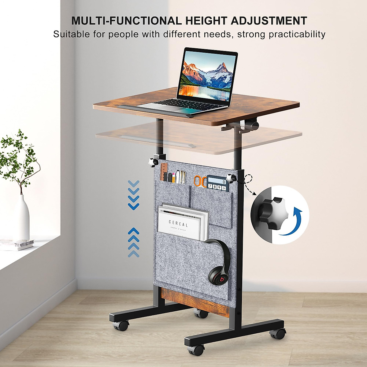 KOUPA Height Adjustable Standing Desk with Storage Bag 16 x 24 in, Portable Rolling Mobile Stand Up Table with Wheels, 360° Flip Laptop Computer Desk for Home Office, Rustic Brown