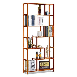 MoNiBloom 7-Shelves Staggered Bookshelf, Large Bamboo Bookcase Freestanding Display Shelf Storage Organizer for Home Living Room Office Garden, Brown