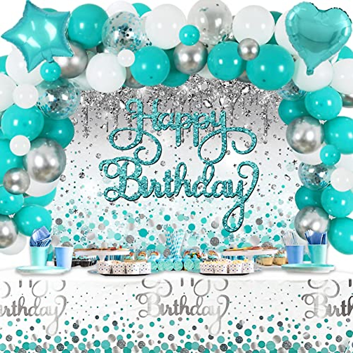 Happy Birthday Decorations Teal Balloon Garland for Girls Birthday Teal and silver Glitter Backdrop Teal Blue Balloons Garland Kit and Teal Dot Disposable Tablecloth