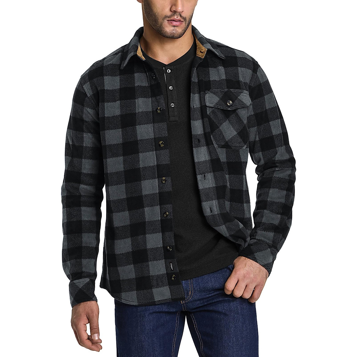 CQR Men's Long Sleeve Heavyweight Fleece Shirts, Plaid Button Up Shirt, Warm Outdoor Casual Shirt with Pockets, One Pocket Charcoal, Medium