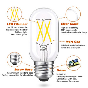 AIELIT 40 Watt Equivalent E26 LED Bulb Dimmable, Daylight White 5000K, Energy Efficient 4W, 400lm Tubular Edison T14 T45 LED Light Bulbs for Pendant Sputnik Vanity Chandelier Wall Sconce, 8 Pack