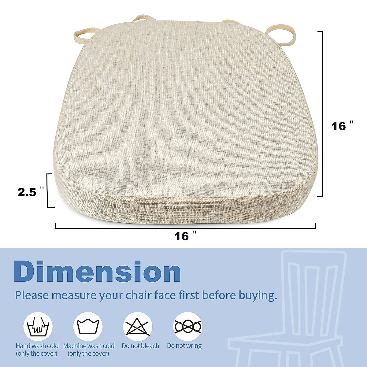 BUYUE Original Linen Thickened 2.5" Dining Chair Cushions Set of 4, U-Shape High Density Foam Comfortable Chair Pads for Kitchen, Slip Resistant Indoor Seat Cushions (4 PCS, Beige)