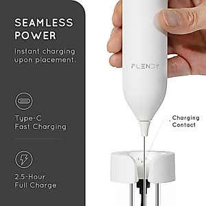 Flendy Rechargeable Milk Frother Handheld, Coffee Frother Handheld with USB-C Charging Stand, Electric Drink Mixer Handheld, Mini Electric Whisk Frother for Coffee, Matcha, etc