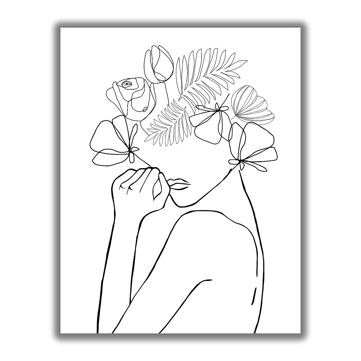 Woman with Flowers on Head Line Art - 11x14 UNFRAMED Abstract Minimalist Decor Wall Print in Black on White.