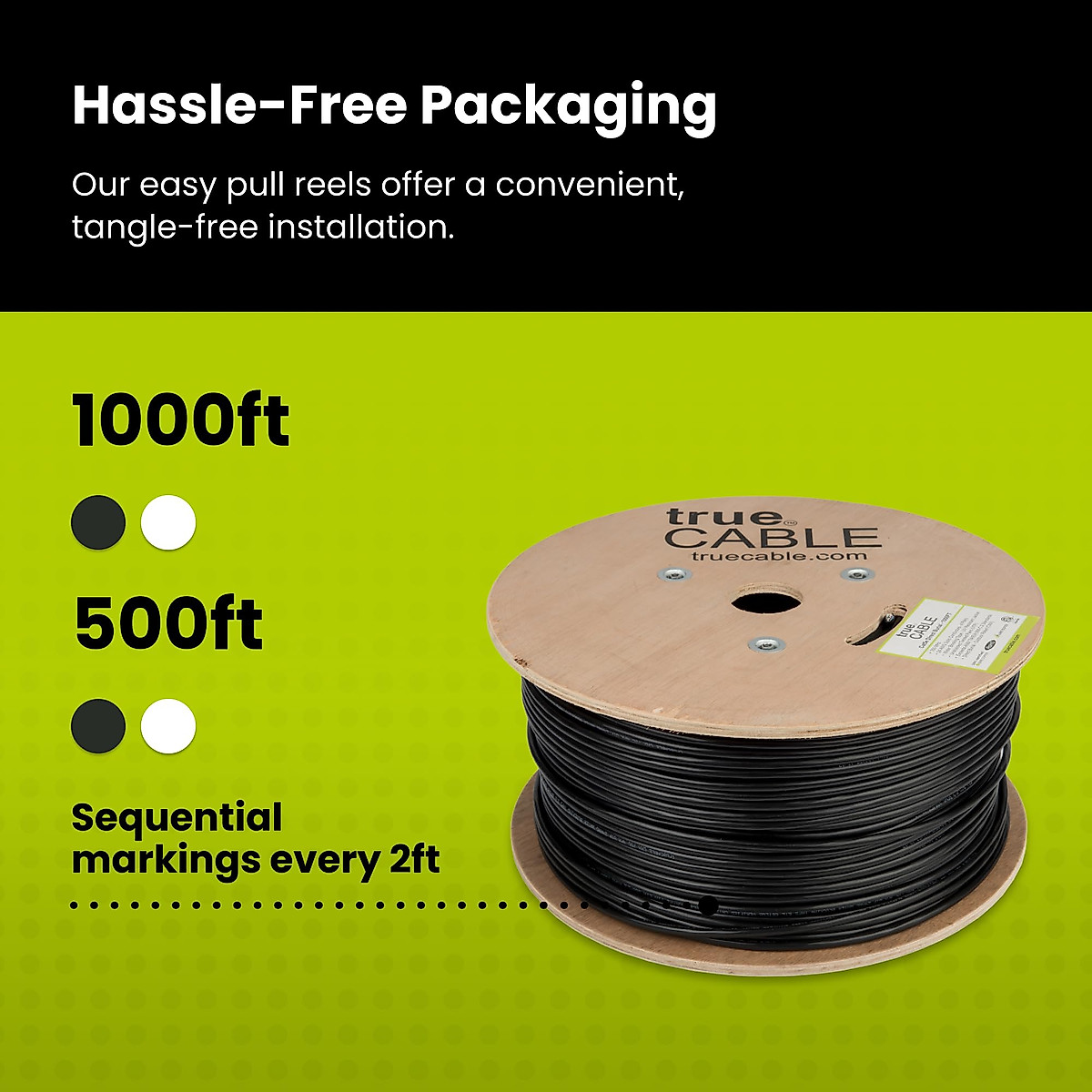 trueCABLE Cat5e Outdoor, 1000ft, Waterproof Direct Burial Rated CMX, Black 24AWG Solid Bare Copper, 350MHz, PoE++ (4PPoE), ETL Listed, Unshielded UTP, Bulk Ethernet Cable
