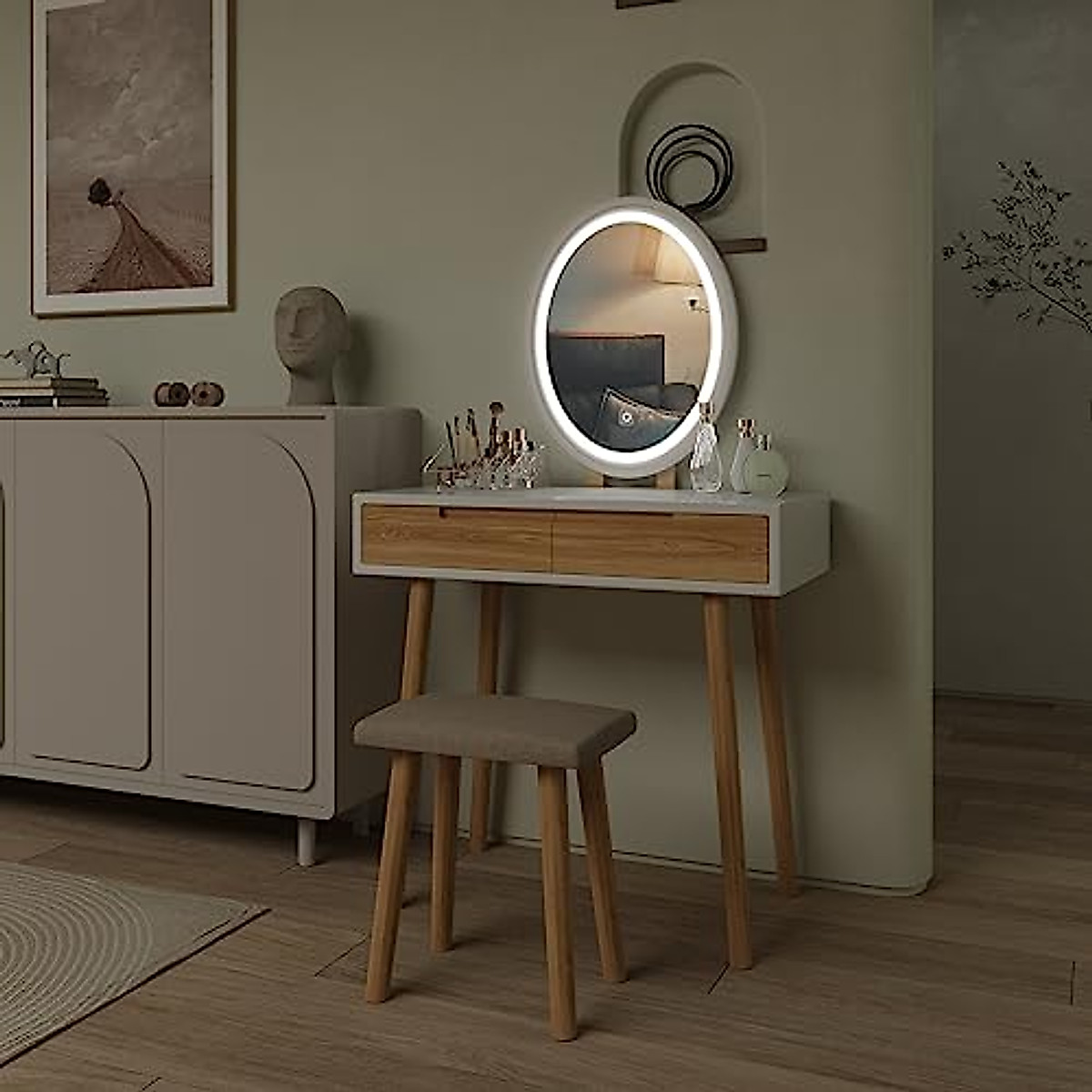 YOURLITE Makeup Vanity Desk with Lights,Small Vanity with Adjustable Brightness Mirror for Samll Spaces,Vanity Desk with Drawers (31.5", Oval Mirror Wood)