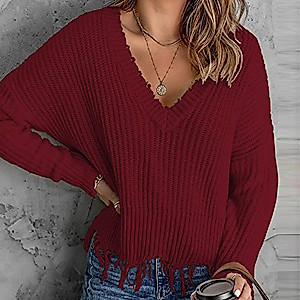 Womens V Neck Knit Sweater Long Sleeve Ripped Pullover Loose Fit Warm Knitted Jumper Crop Tops Sweaters Wine