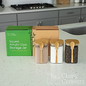 Set of 3 Square Glass Food Storage Containers With Bamboo Lids & Spoons – Decorative Airtight 40 Ounce Borosilicate Glass Food Storage Jars for Coffee, Tea, Sugar, Flour, Candy, Bath Salts & More
