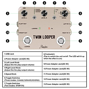 Rowin Twin Looper Station Electric Guitar Effect Pedal Loop Station for Guitarists Golden