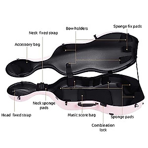 4/4 Full Size Cello Case, 100% Carbon Fiber Hard Shell Backpack，also Fits for 3/4, as 7.7 LB Only, and Hygromether and 1 Accessory Bag, 1 Music Sheet Bag, Sturdy, Portable and Waterproof (Pink Matte)