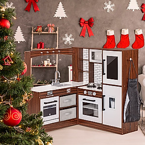 BRINJOY Corner Play Kitchen for Kids, Wooden Toddler Kitchen Playset w/Faucet, Sink, Microwave, Oven, Apron, Blackboard, Storage Cabinets, Pretend Cooking Toys w/Sound & Light Gift for Ages 3+