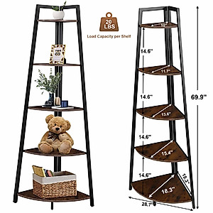 BETTAHOME 5 Tier Corner Stand, 70'' Tall Corner Ladder Shelf, Ideal for Books, Plants, Storage, Display Shelving Unit for Living Room, Bedroom, Kitchen, Rustic Brown