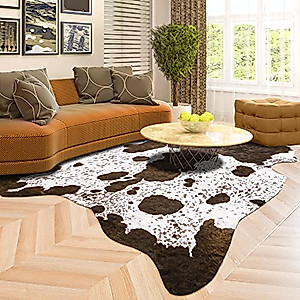Rostyle Faux Cowhide Rug 5.2 x 4.6 Feet, Cute Cow Hide Rug for Living Room Bedroom Western Home Decor Faux Fur Cow Print Rugs White and Brown