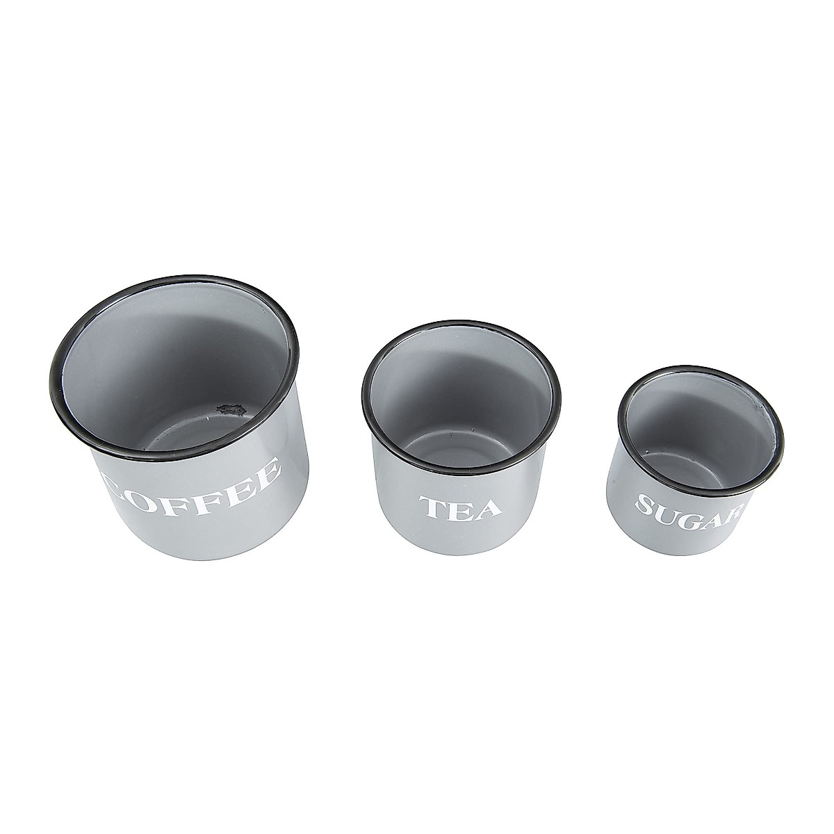 Creative Co-Op Metal Containers with Lids, "Coffee", "Tea", "Sugar" (Set of 3 Sizes/Designs),Grey